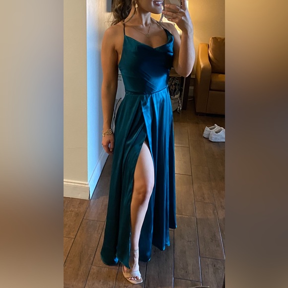 Dresses | Satin Split Leg Maxi Dress Emerald Green Gem Colored | Poshmark